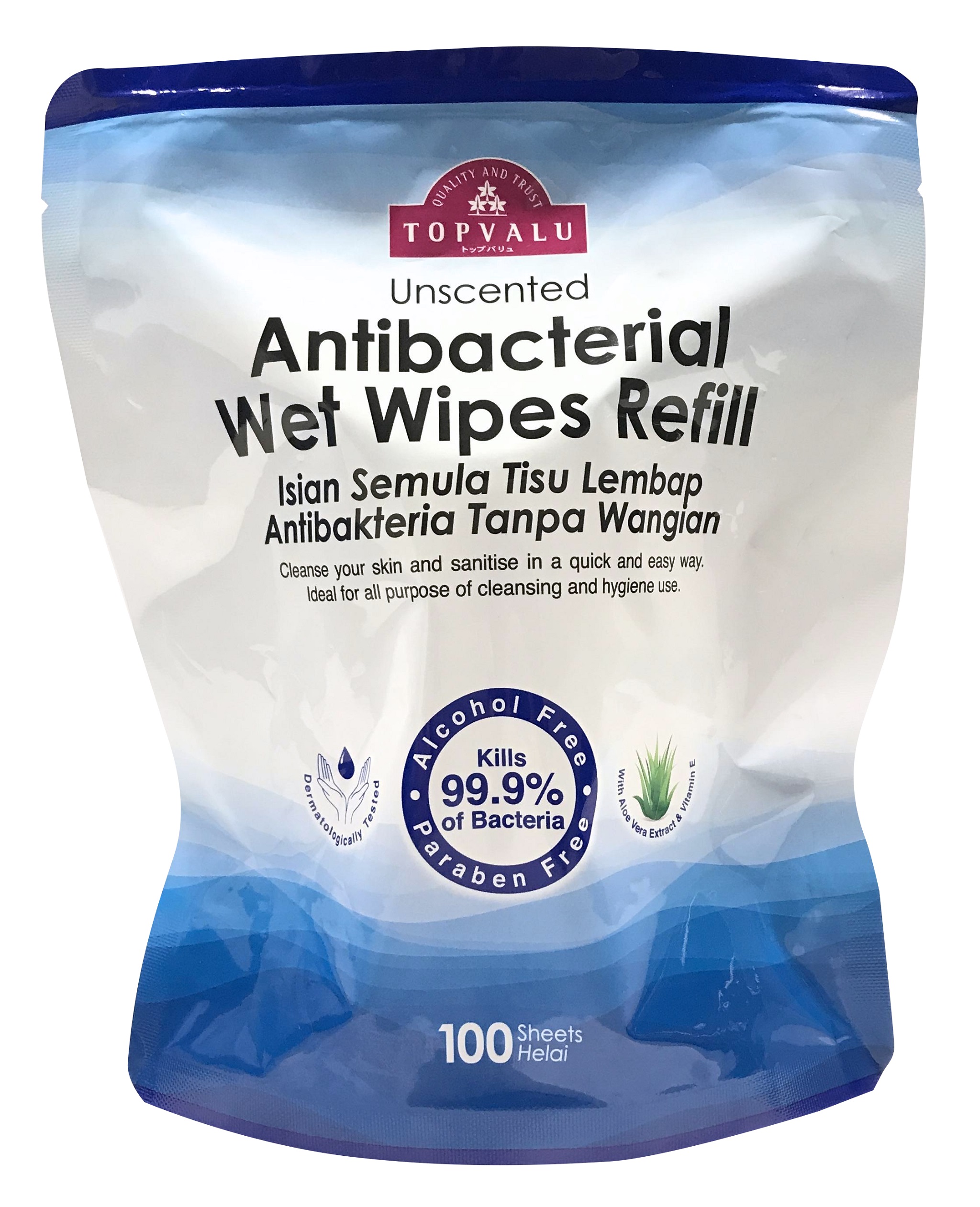 TOPVALU Antibac Wipes 100s - Kills 99.9% Bacteria
