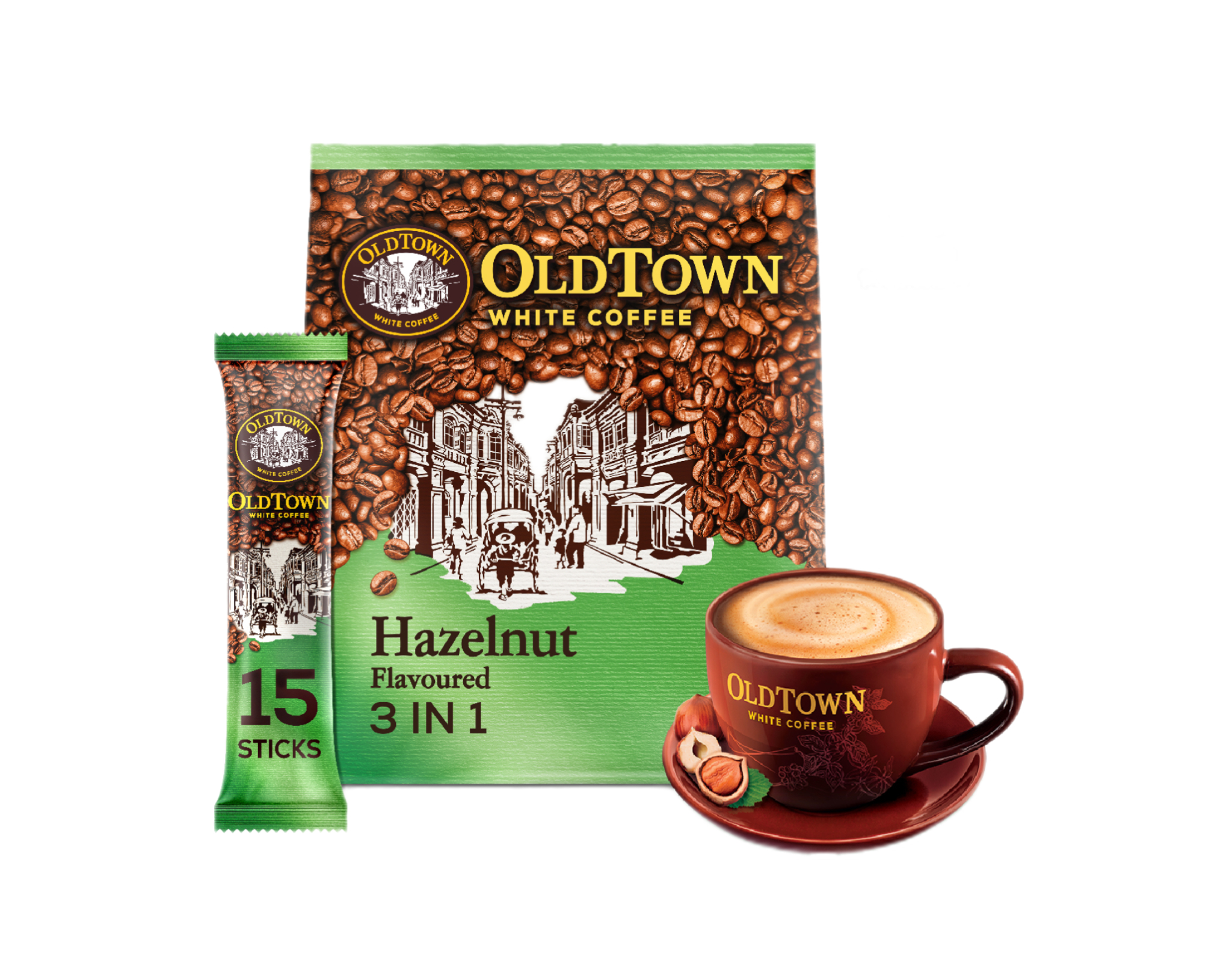 Old Town 3 in 1 Hazelnut White Coffee, 15x38g - Rich & Nutty