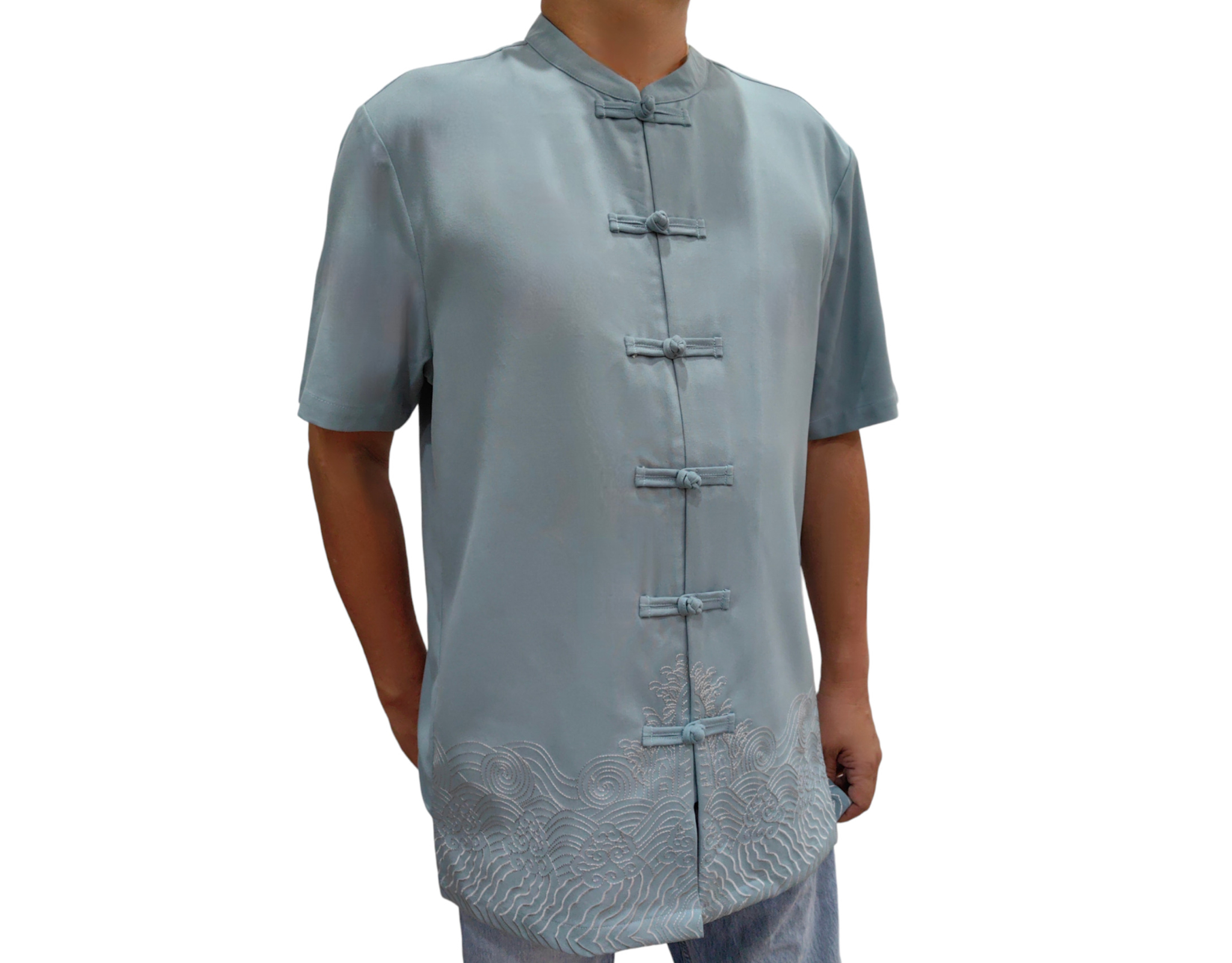 Guys Vision Mandarin Collar Short Sleeve Shirt With Embroidery Blue ...
