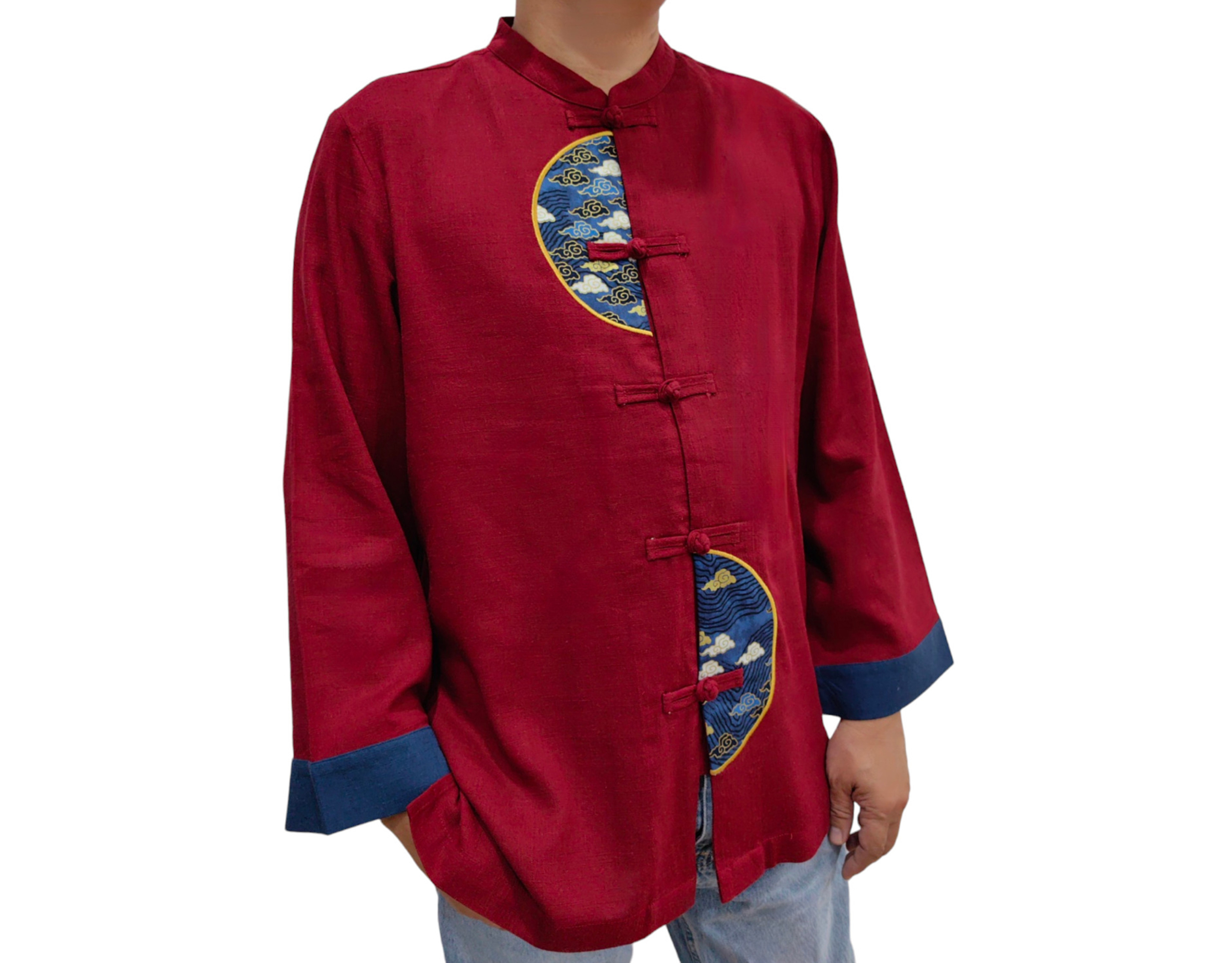 Guys Vision Mandarin Collar Long Sleeve Linen Shirt With Applique ...